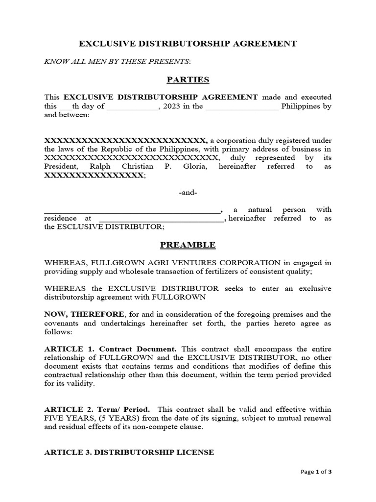 Exclusive Distributorship Agreement Philippines | PDF | Business ...