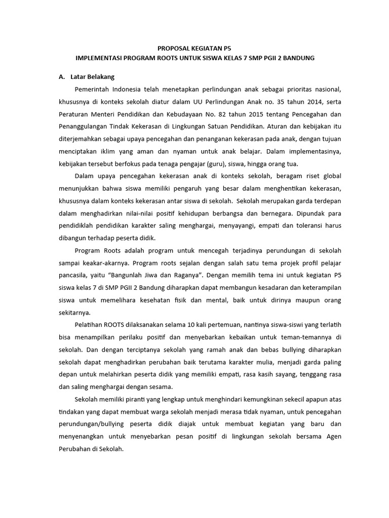 Proposal Program Roots SMP PGII 2 Bandung | PDF