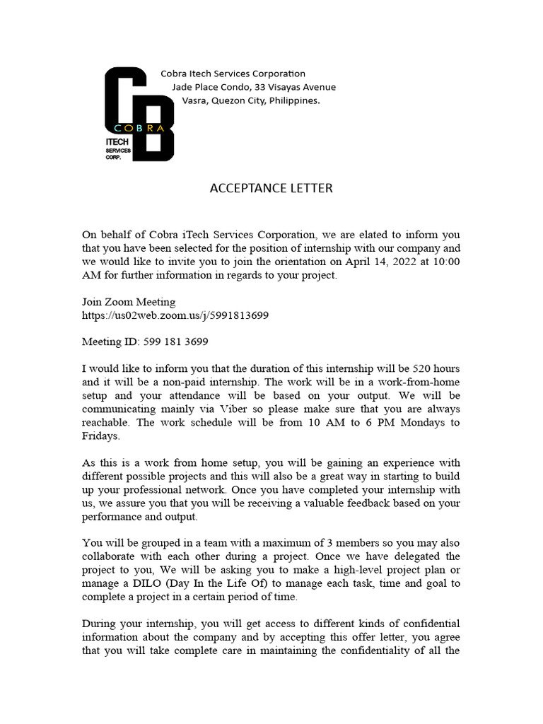 Three Sample Acceptance Letter | PDF