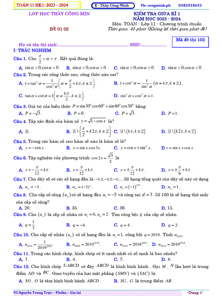 ĐỀ OT GK1 TOÁN 11 01 02 | PDF