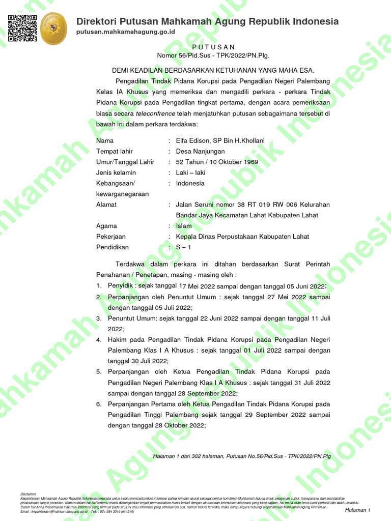 Putusan 56 Pid - Sus-Tpk 2022 PN PLG 20231015105116 | PDF