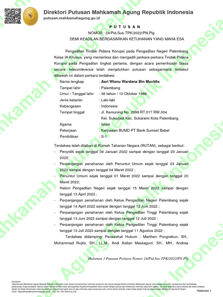 Putusan 24 Pid - Sus-Tpk 2022 PN PLG 20231015105809 | PDF