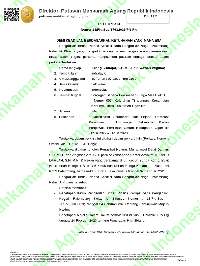 Putusan 18 Pid - Sus-Tpk 2023 PN PLG 20231015110453 | PDF