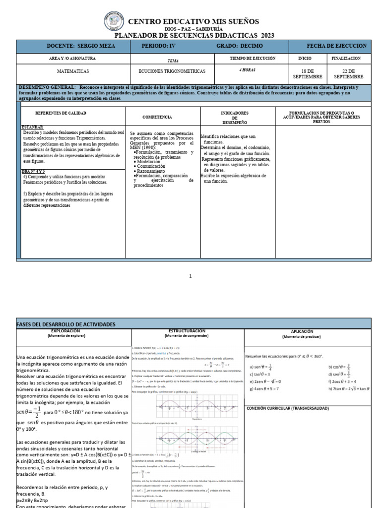 Plan de Clases Decimo Ecuaciones Trigonometricas | PDF | Ecuaciones | Funciones trigonométricas