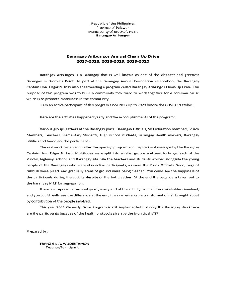 Barangay Aribungos Clean-Up Drive | PDF | Social Science | Science ...