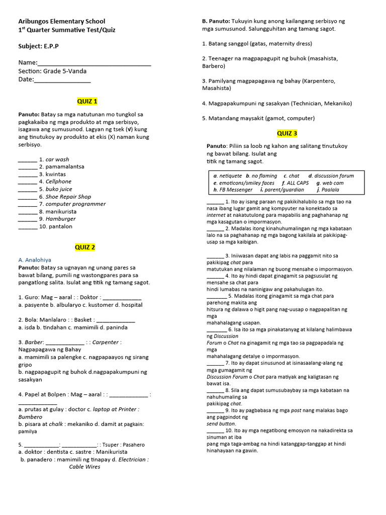 Name: - Section: Grade 5-Vanda Date | PDF