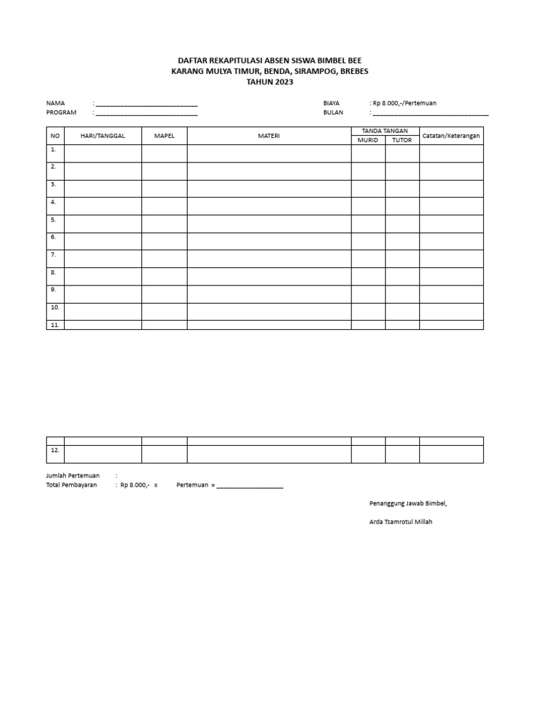 Rekap Absen N Biaya Bimbel | PDF