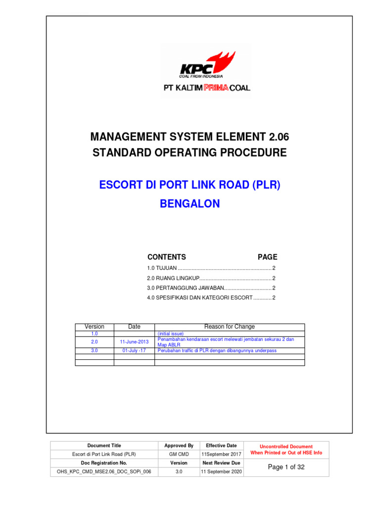 Ohs - KPC - CMD - Mse2.06 - Doc - Sopi - 006 Escort Di Port Link Road (PLR) Bengalon | PDF