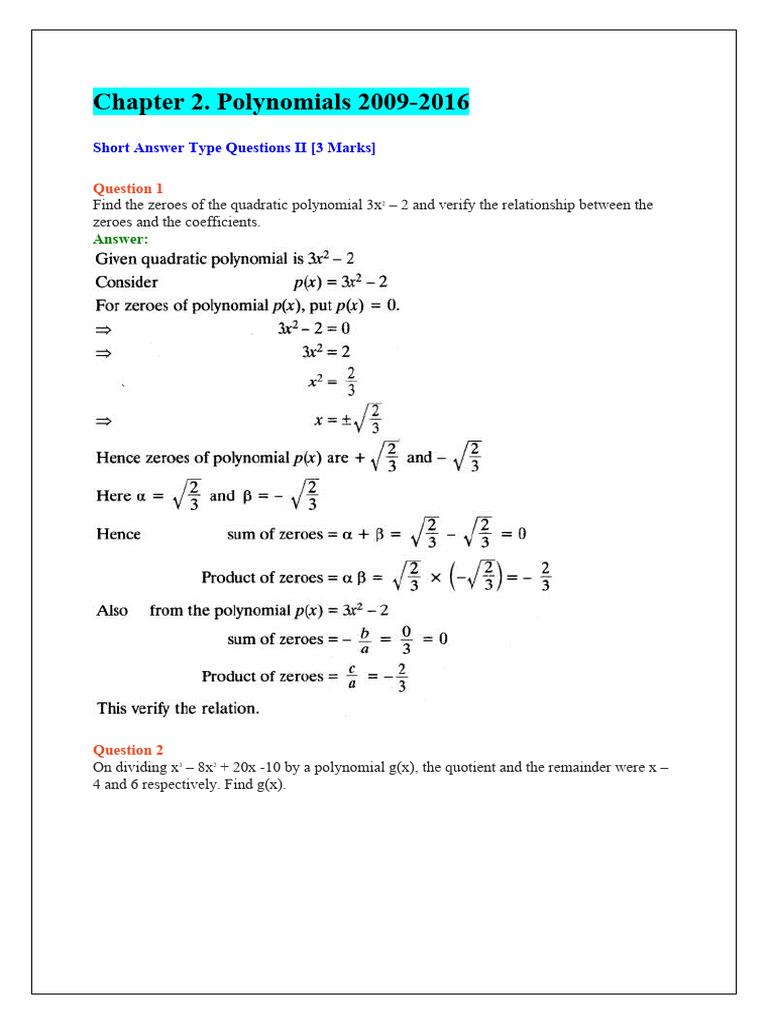Chapter 2 Polynomials - Answers 2009-2016 | PDF