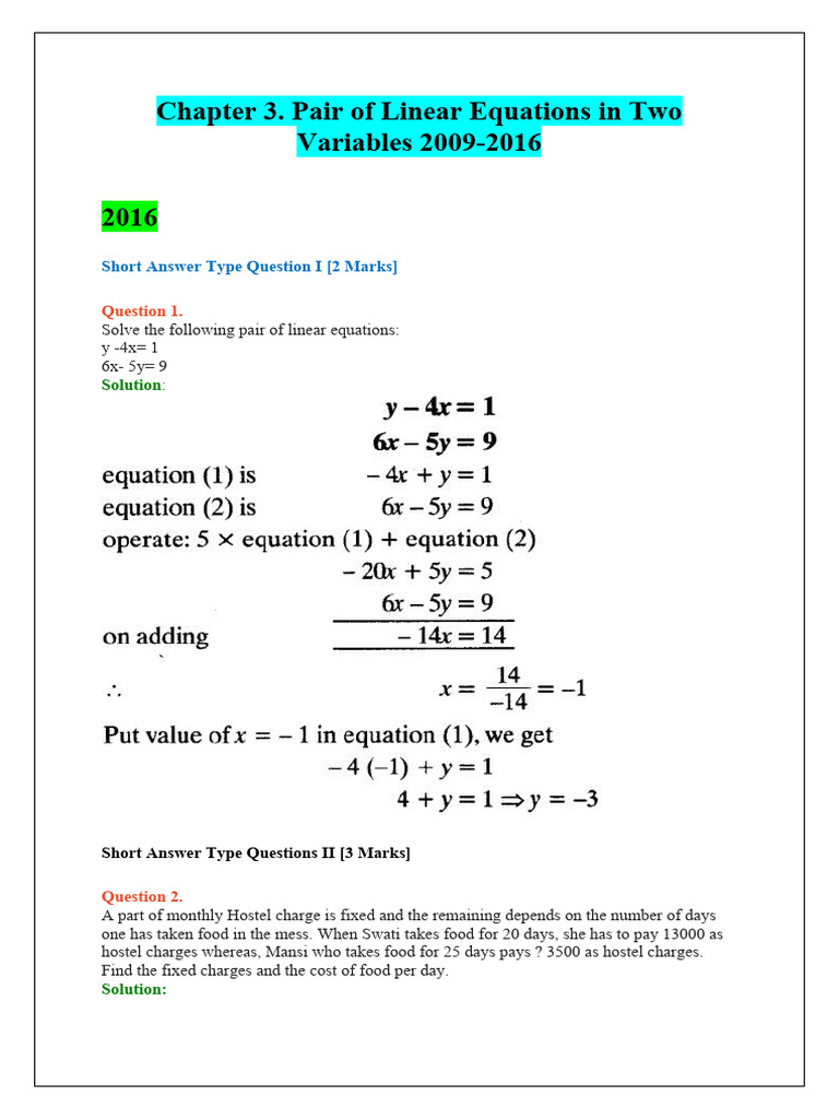 Linear Equations in Two Variables Solutions | PDF | Equations | System ...