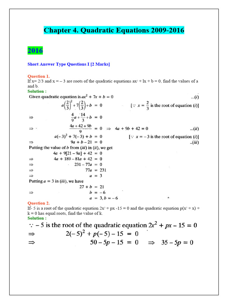 Chapter 4 Quadratic Equations - Answers 2009 - 2016 | PDF | Equations ...