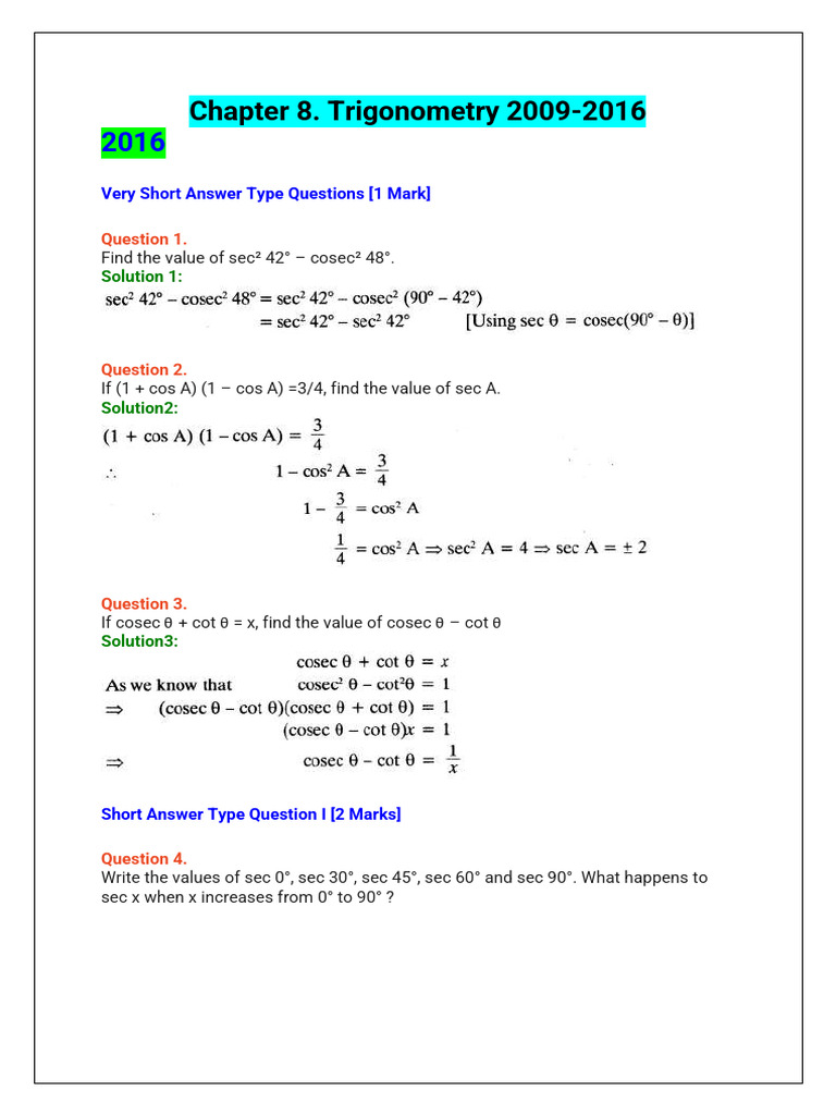 Chapter 8 Trignometry - Answers 2009-2016 | PDF