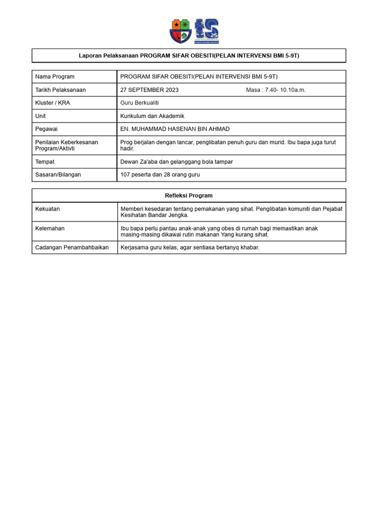 Program Sifar Obesiti (Pelan Intervensi Bmi 5-9T) | PDF