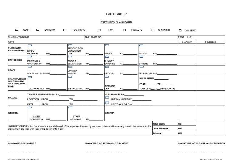 MED-SOP-006-F12 Expenses Claim Form-Rev 2 | PDF