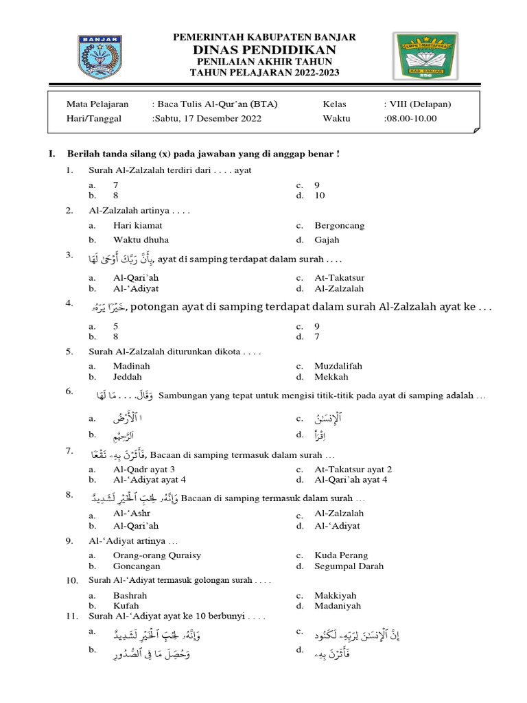Soal Bta Pas Kelas Viii Semester Ganjil 2022 | PDF