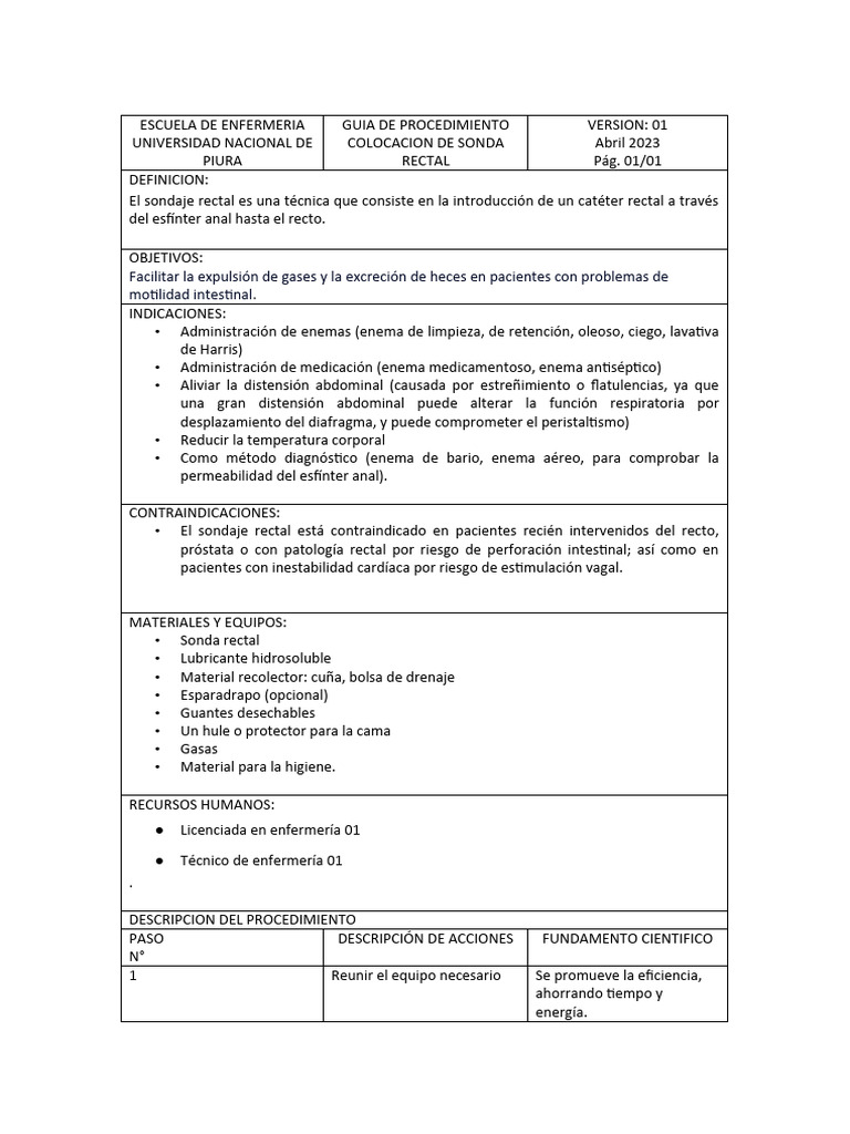 (Semana 8) GUIA DE PROCEDIMIENTO #24 COLOCACION SONDA RECTAL | PDF | Recto | Hemorroides