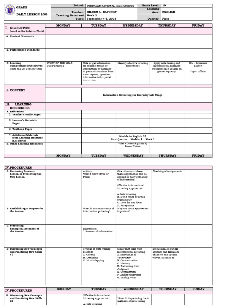 DLL - Eng10 - Week 2 | PDF | Learning | Teachers