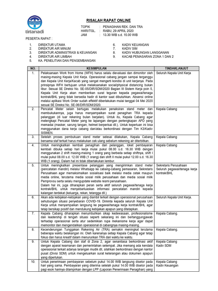 RISALAH RAPAT ONLINE Penagihan Dan TRA | PDF | Pengelolaan Keuangan & Uang