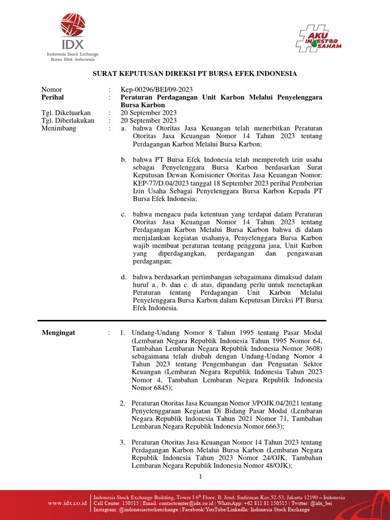 SK Peraturan Perdagangan Unit Karbon Melalui PBK | PDF