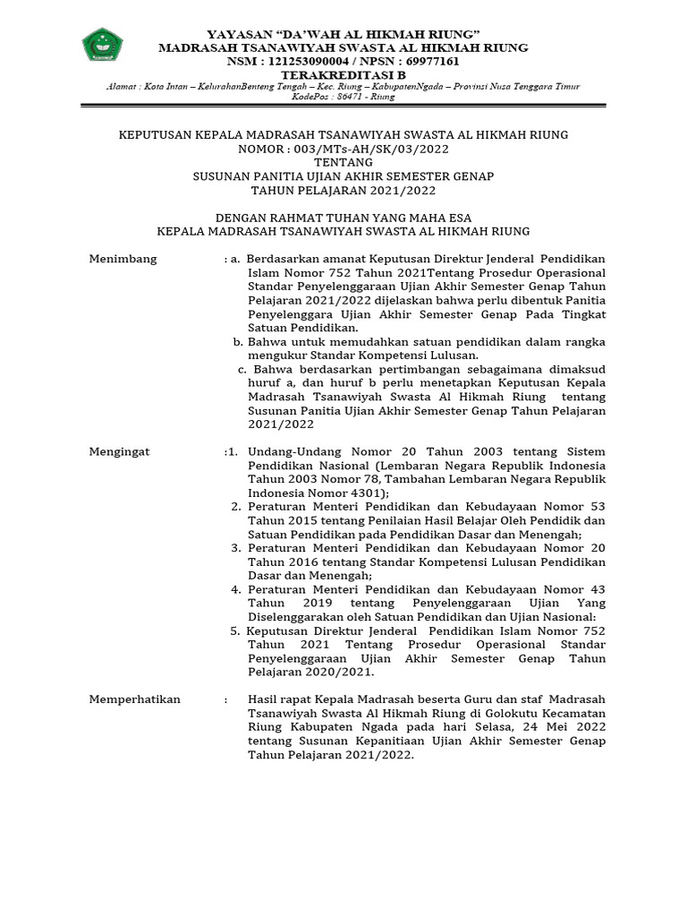 Sk Panitia Ujian Akhir Semester Genap 2021-2022 | PDF