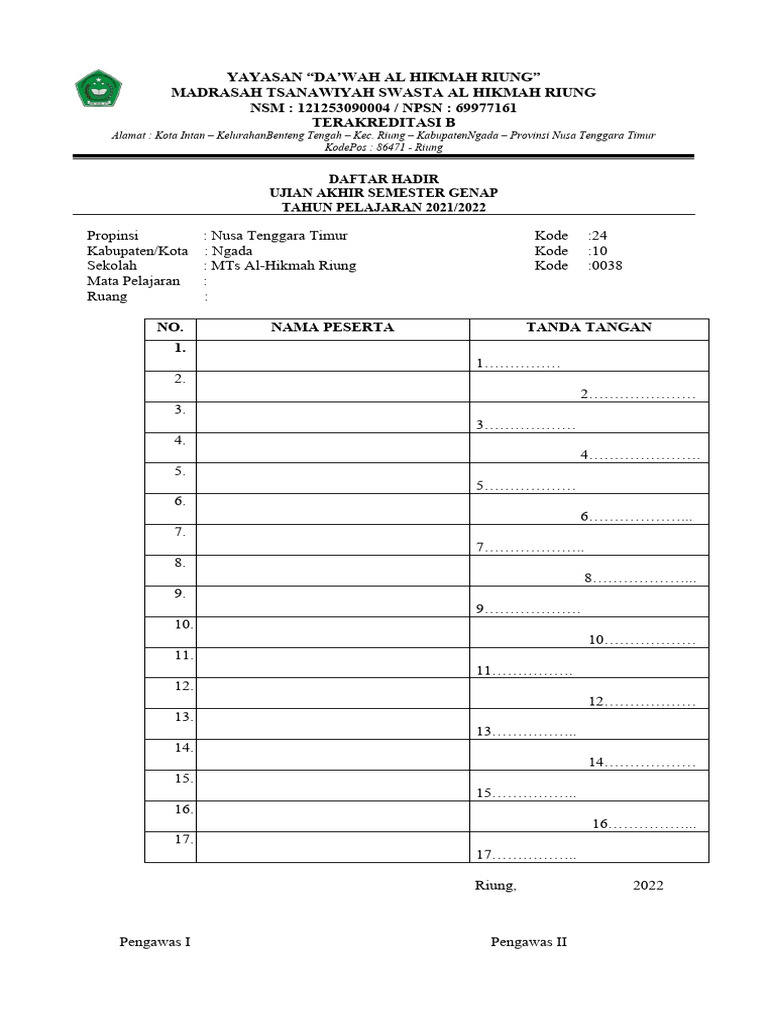Daftar Hadir Uas Tapel 2021-2022 | PDF
