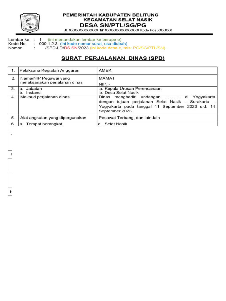 Contoh Desa - SPD Perjalanan Luar Daerah 2023 | PDF