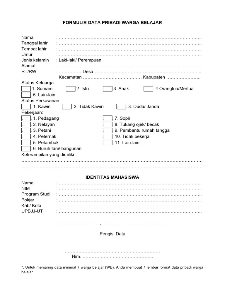 Formulir Data Pribadi Warga Belajar | PDF