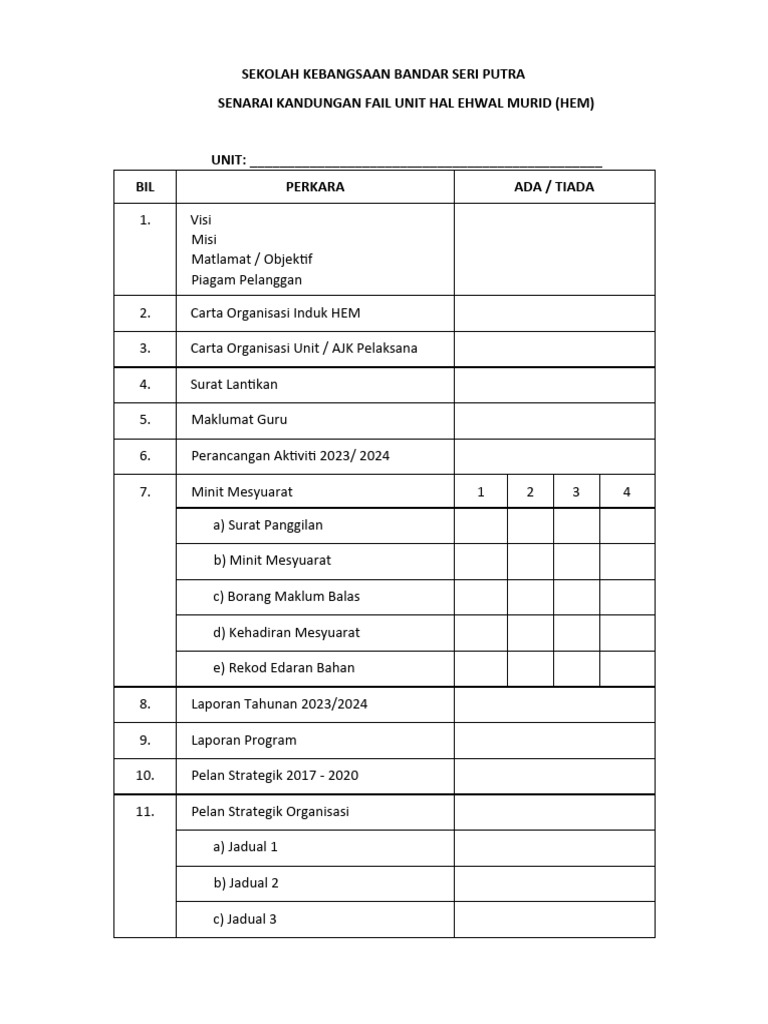 Senarai Kandungan Fail Unit Hem 2023-2024 | PDF