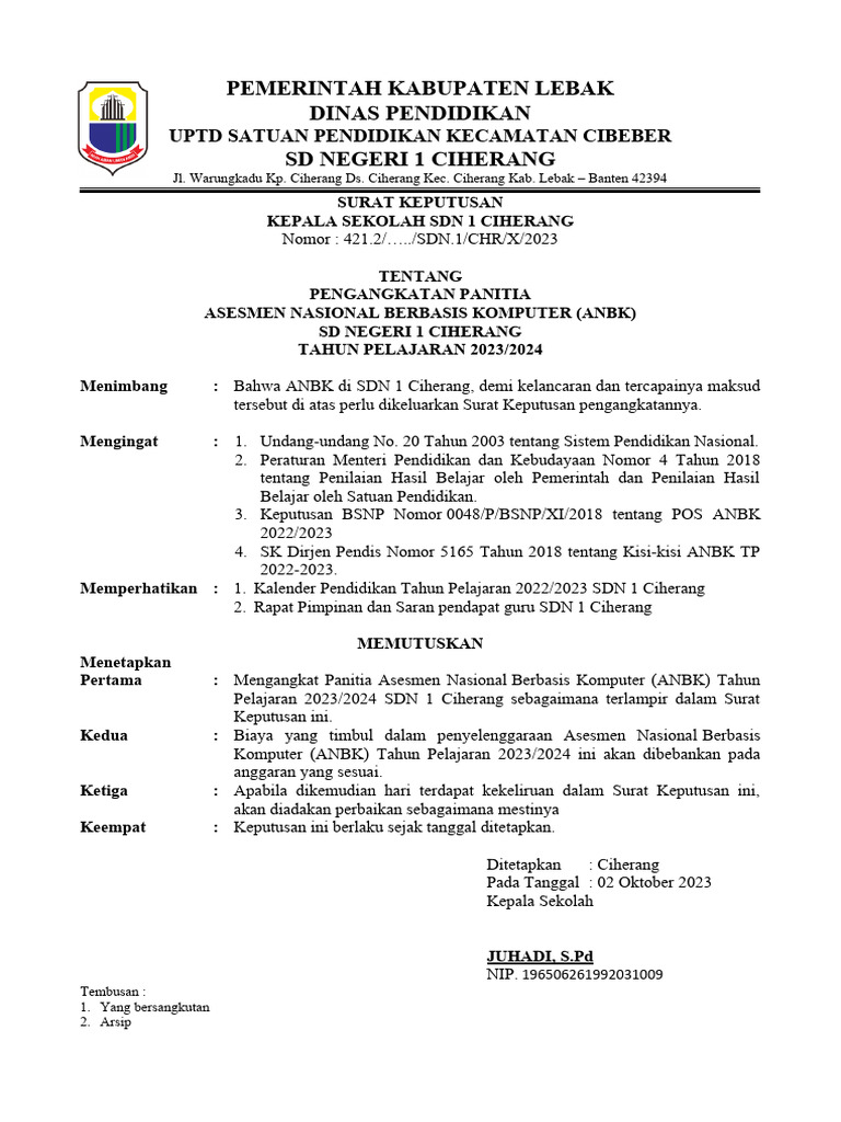 CONTOH SK Panitia Dan Pengawas ANBK 2022 | PDF