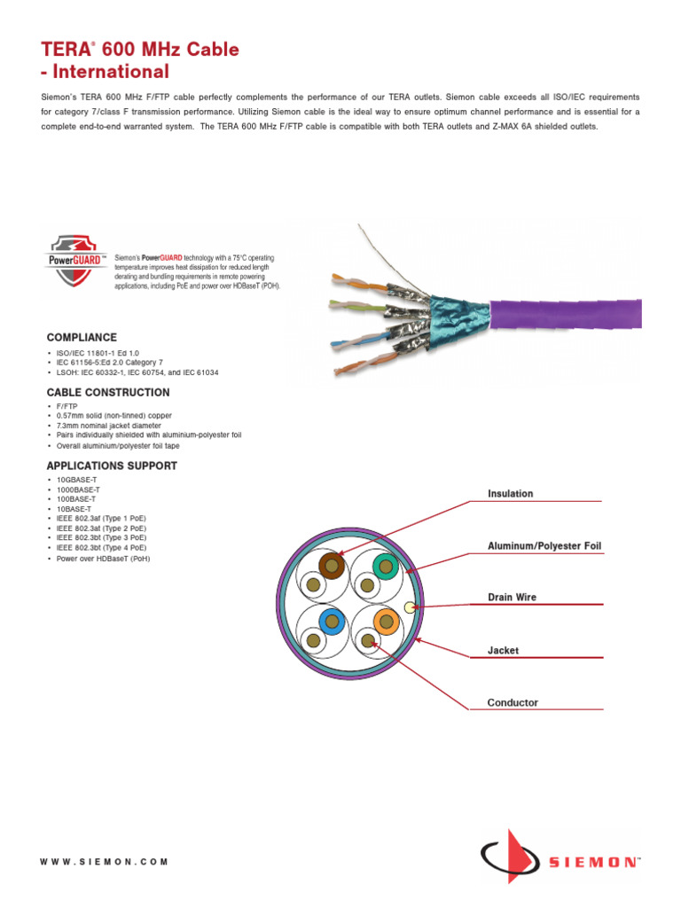 Siemon Tera 600mhz FFTP Cable International - Spec Sheet | PDF ...