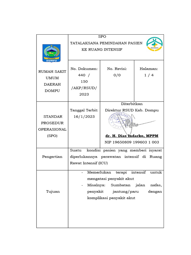 SPO Tatalaksana Pemindahan Pasien Ke Ruang Intensif | PDF