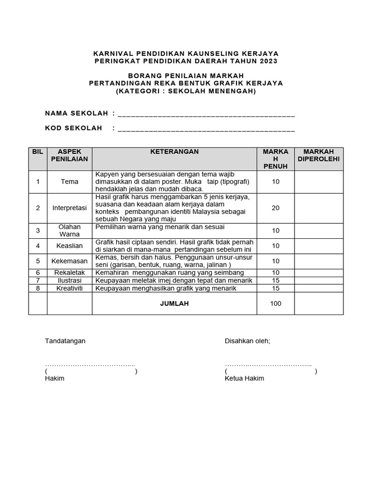 Borang Penilaian Markah Pertandingan Rekabentuk Grafik | PDF