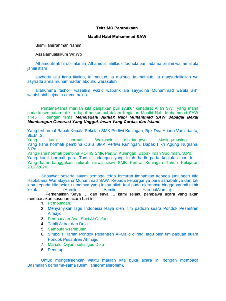 Teks MC Pembukaan Maulid Nabi SAW | PDF