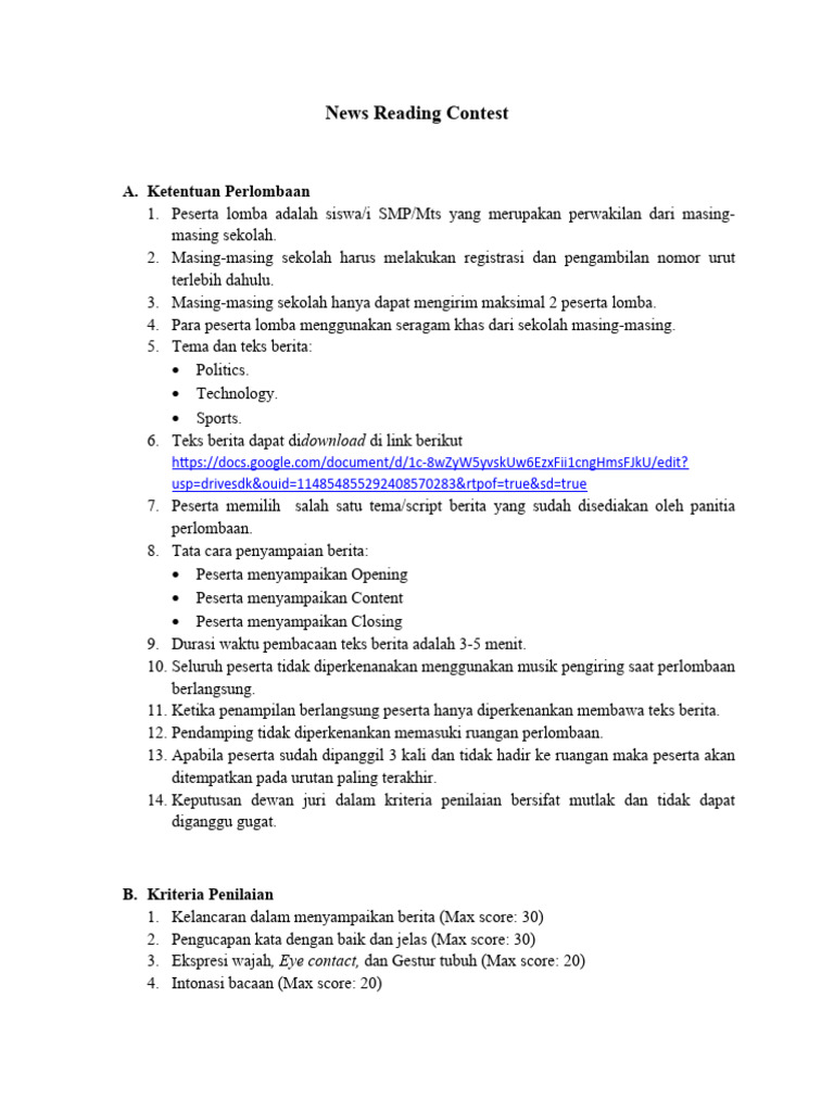 Juknis News Reading Contest Finall | PDF | Karier & Perkembangan