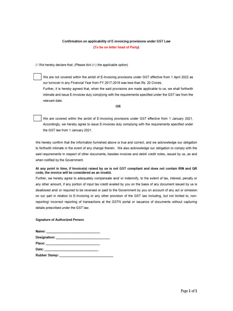 E-Invoicing Applicability Declaration - 1 | PDF