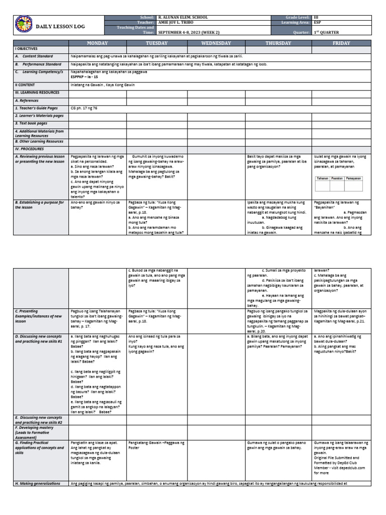 DLL - Esp 3 - Q1 - W2 | PDF