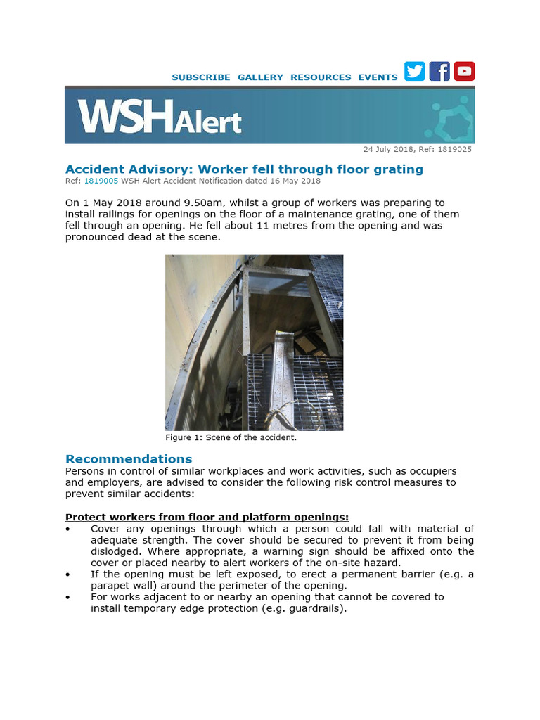 WSH Alert Accident Advisory, 26july 2018 Worker Fell Through Floor ...