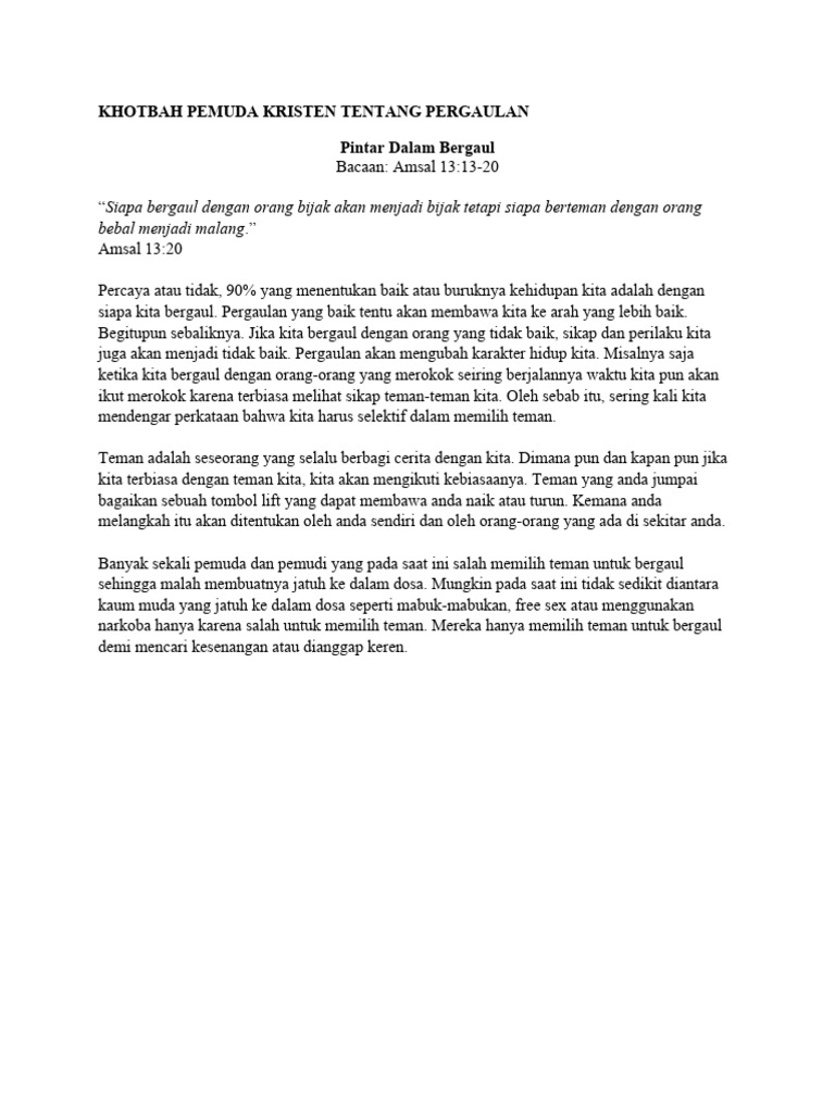 Khotbah Pemuda Kristen Tentang Pergaulan | PDF