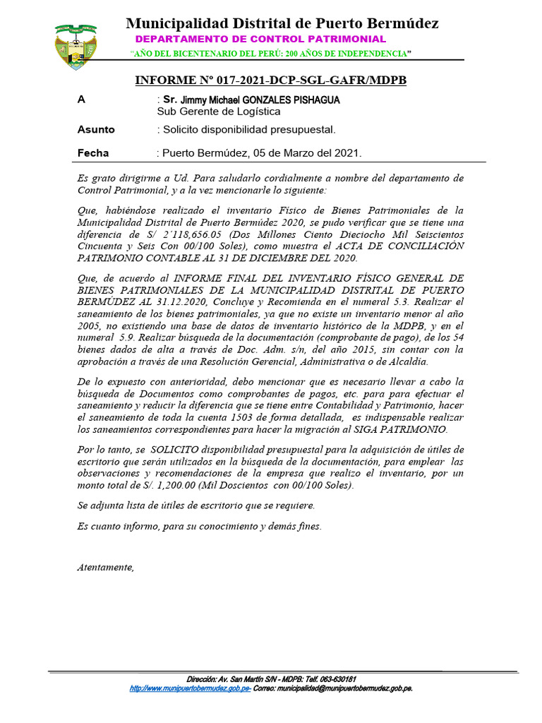 Informe N°017-2021 - Solicito Disponibilidad Presupuestal para Adquirir Utiles de Escritorio | PDF