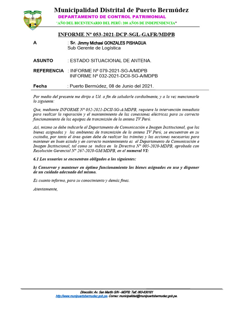 Informe N°053-2021 - Estado Situacional de Antena | PDF