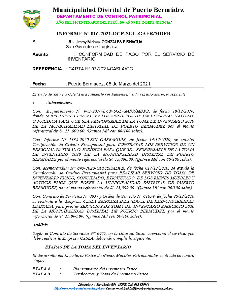 Informe N°016-2021 - Conformidad de Servicio | PDF