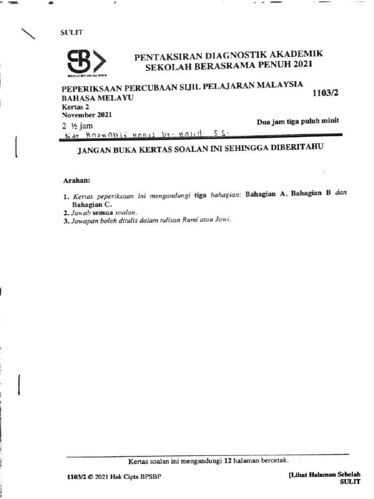 Kertas Trial Bm Sbp k2 2021 | PDF