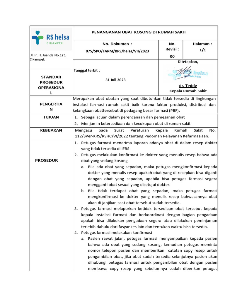 Sop Penanganan Obat Kosong 2 | PDF