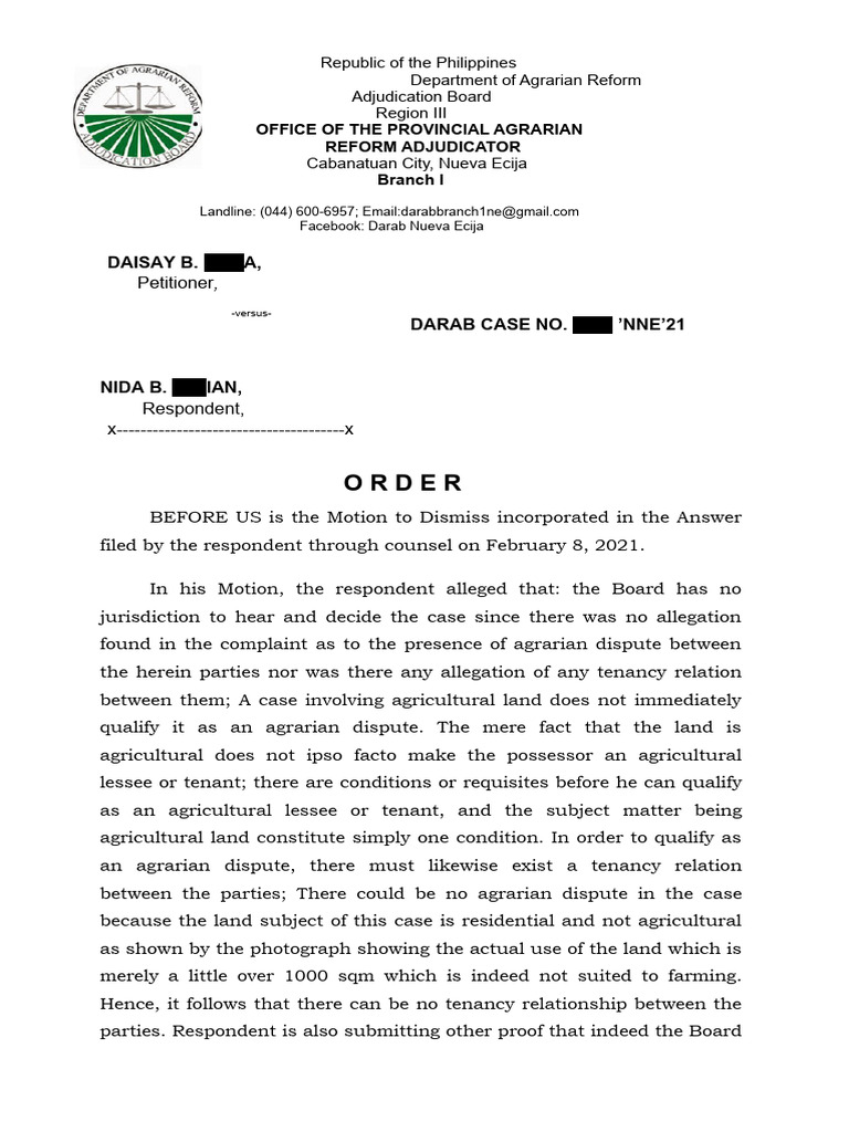 Order For Motion To Dismiss DARAB | PDF