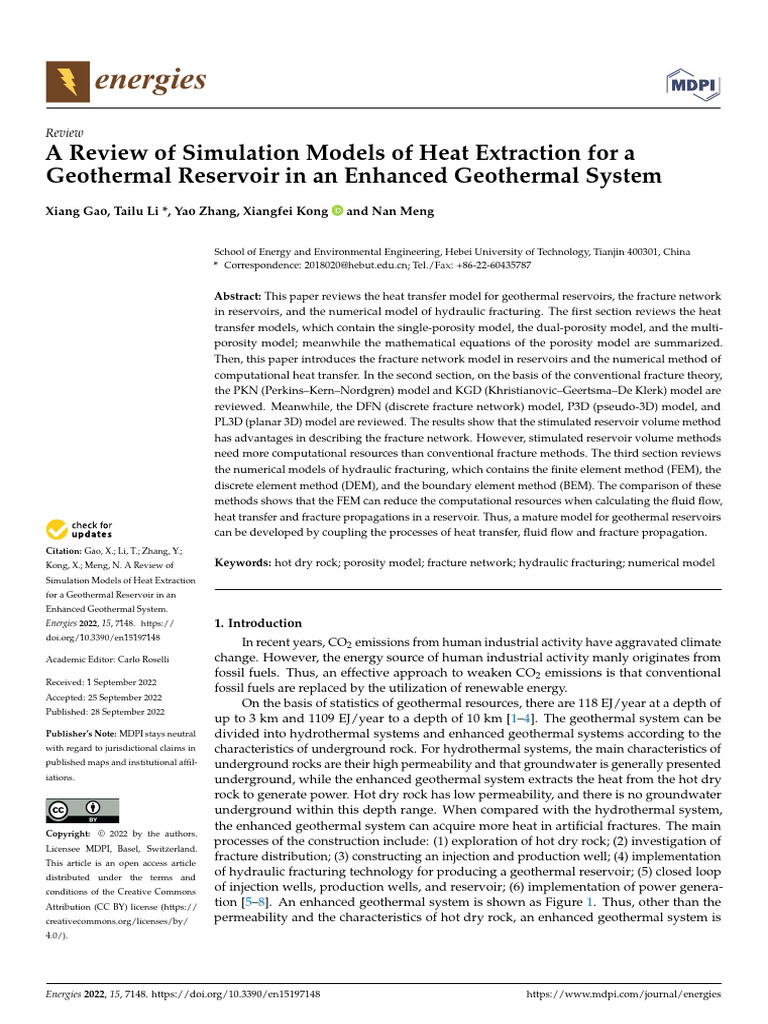 A Review Of Simulation Models Of Heat Extraction For A Geothermal