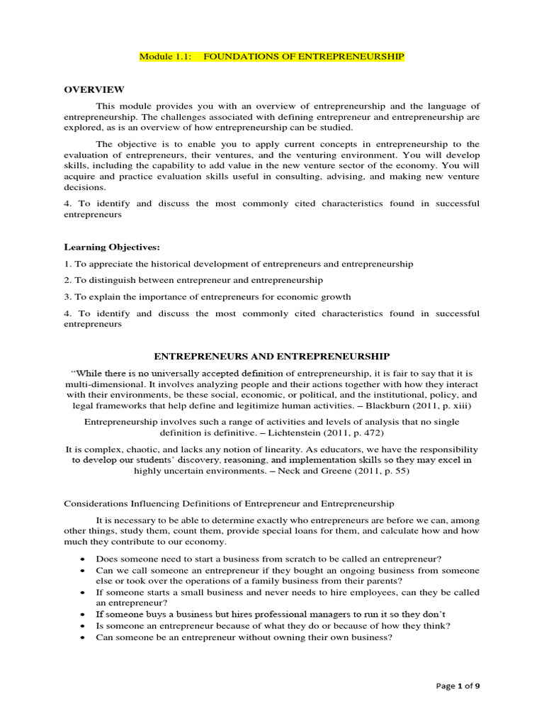 Module 1 Foundations of Entrepreneurship | PDF | Entrepreneurship | Risk
