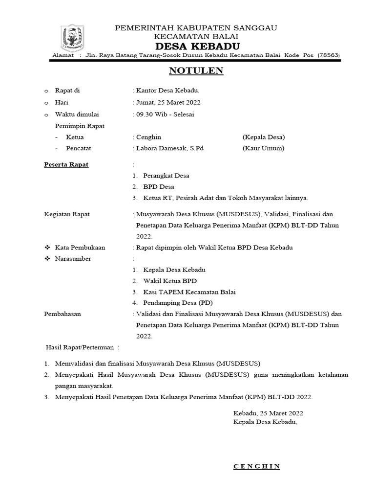 Notulen Kegiatan Maret BLT DD | PDF