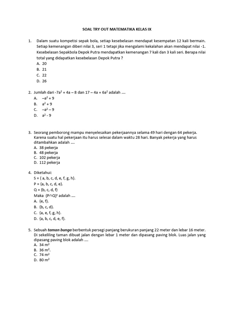 Soal Try Out Matematika Kelas Ix 22-23 | PDF