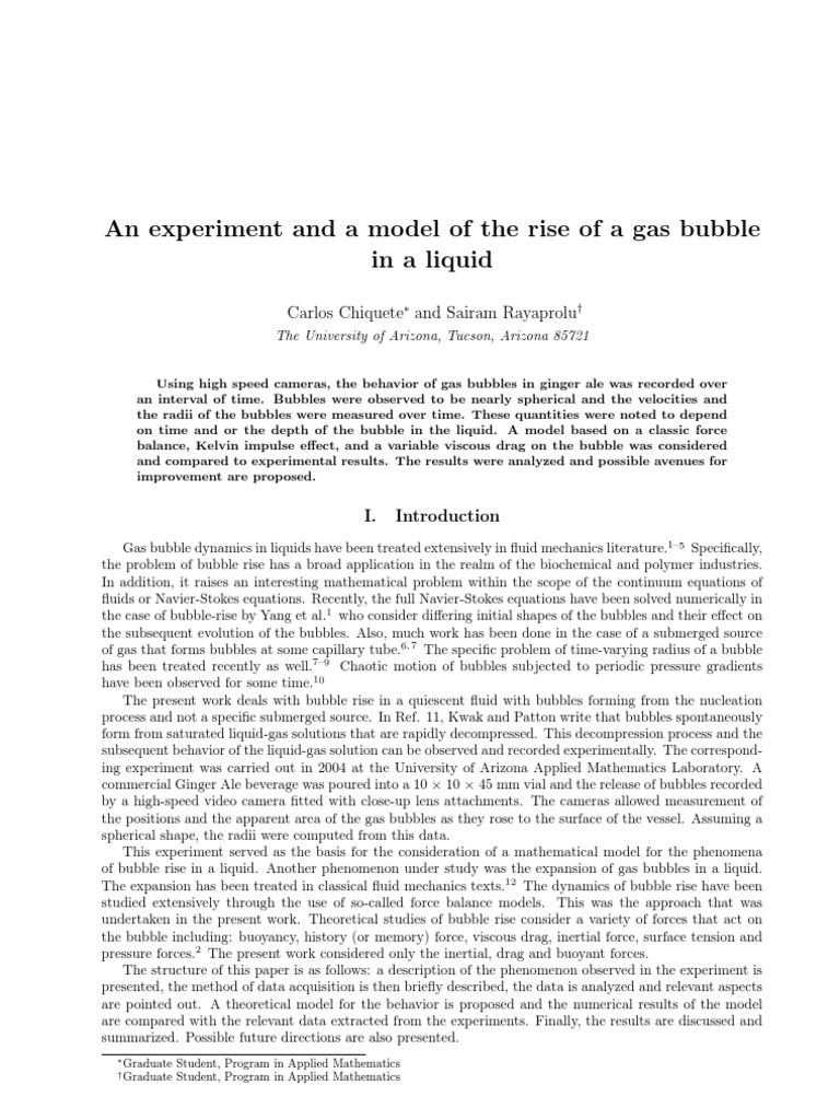 An Experiment and A Model of The Rise of A Gas Bubble in A Liquid | PDF ...