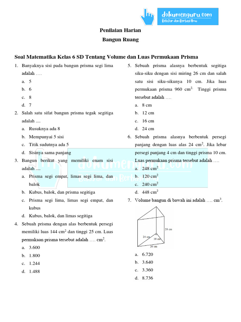 (WWW - Dokumenguru.com) Soal Matematika Kelas 6 SD Teantang Volume Dan Luas Permukaan Prisma ...